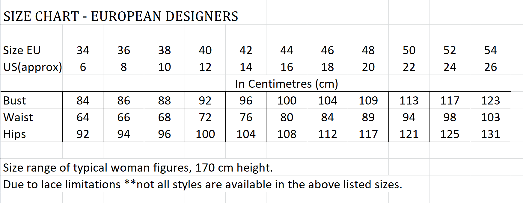 Size Chart - European Designers - Mon Belle Bridal
